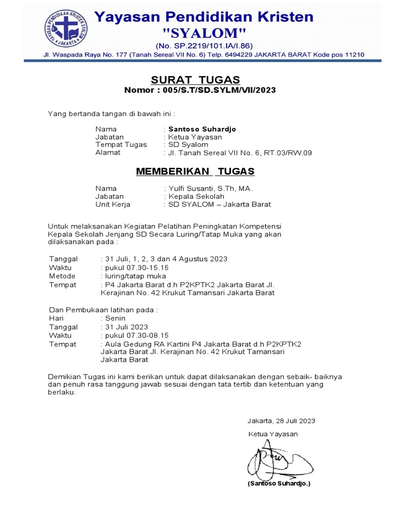 Surat Tugas Yayasan Bu Yulfi Mengikuti Pelatihan | PDF