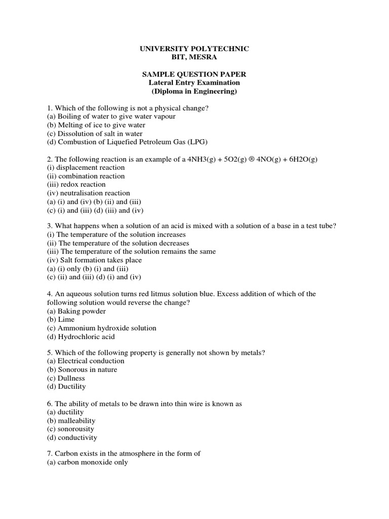 News - Sample Question Paper Lateral Entry Examination (Diploma in ...