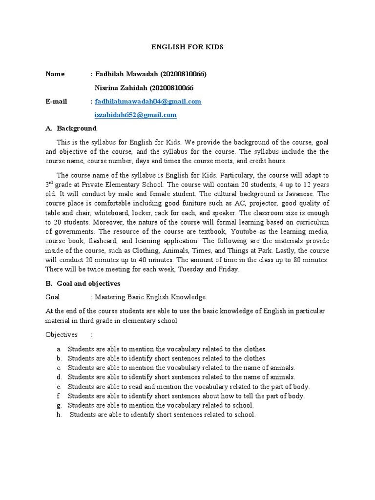 English For Kids - Syllabus Fadhilah Mawadah and Nisrina Zahidah | PDF ...