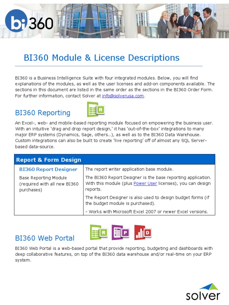 BI360 Module License Descriptions | PDF | Microsoft Excel | Data Warehouse