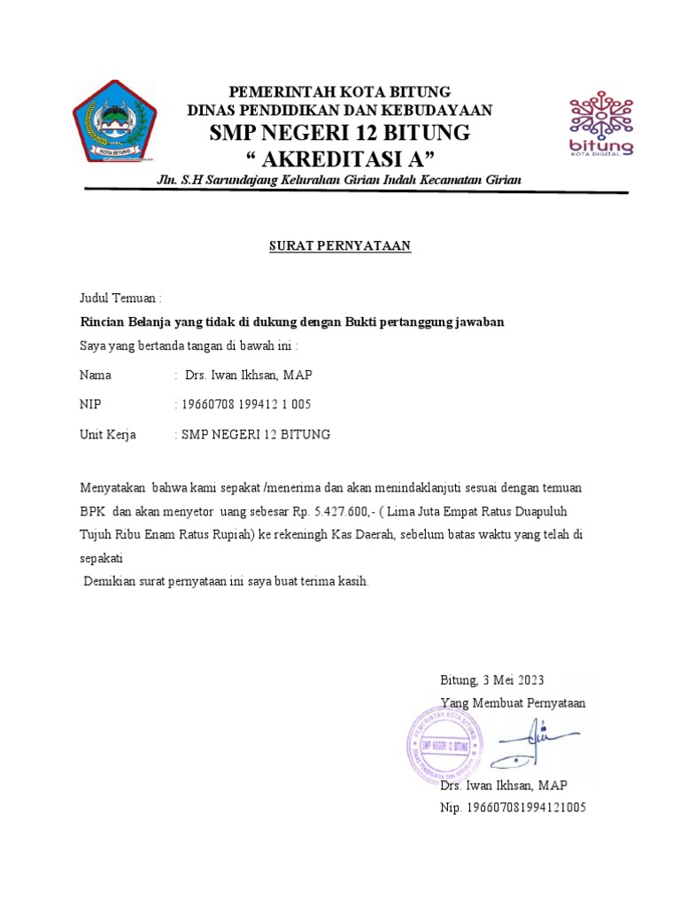 Surat Pernyataan BPK | PDF