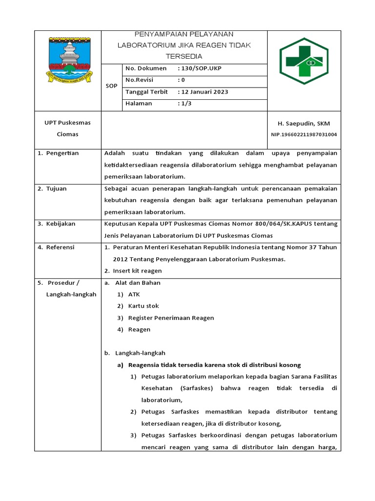 SOP Pelayanan Laboratorium Reagen | PDF