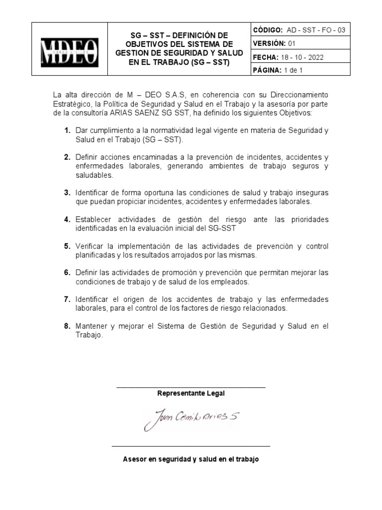 Ad - SST - Fo - 03 - Definición de Objetivos Del Sistema de Gestion de ... Ad - SST - Fo - 03 - Definición de Objetivos Del Sistema de Gestion de ...