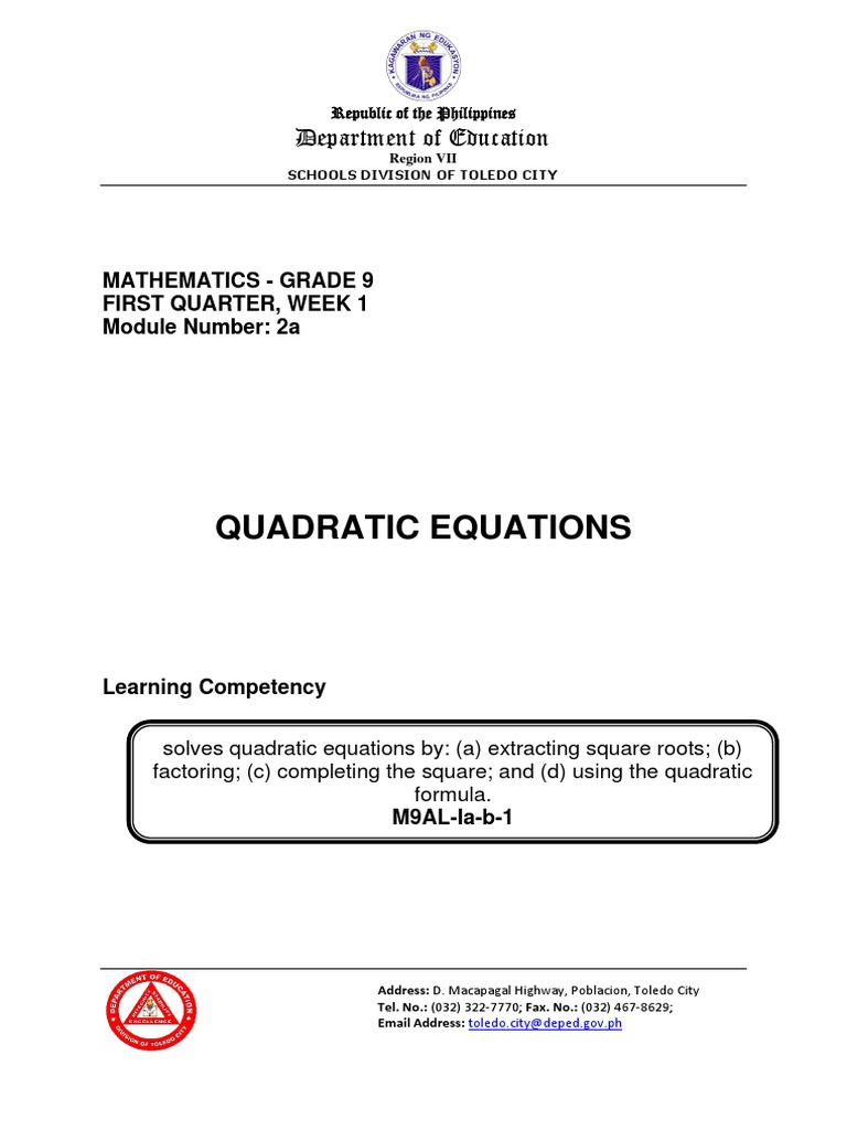 Math9 q1 Wk2 Mod2a Quadratic-Equations | PDF | Quadratic Equation | Equations