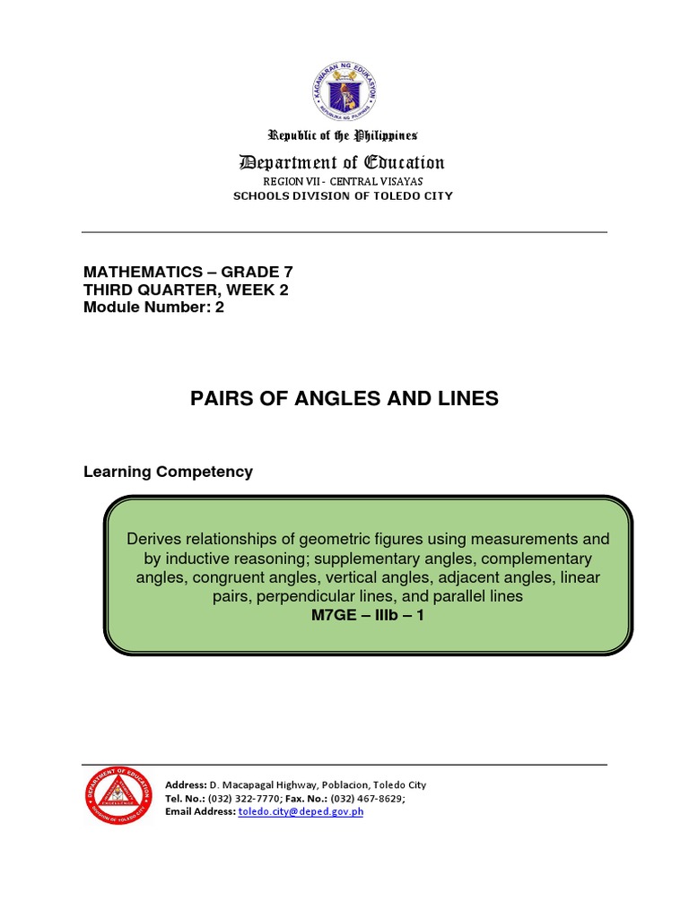 Math7 q3 Wk2 Mod2 Pairs-Of-Angles-And-Lines v3 | PDF | Angle | Euclid