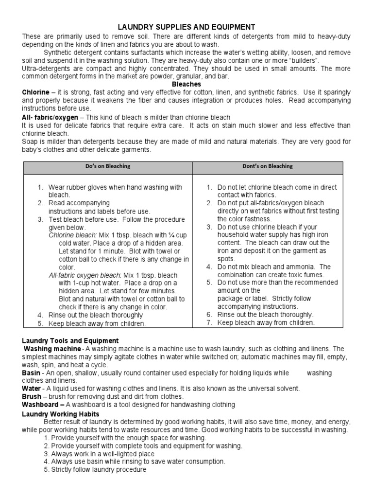 Laundry Supplies and Equipment | PDF | Laundry | Bleach