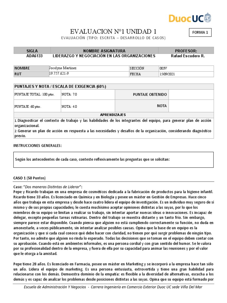 Evaluacion - ING COMEX - ADA6133 - 003V - 2021 - Prueba 1 | PDF | Liderazgo | Evaluación