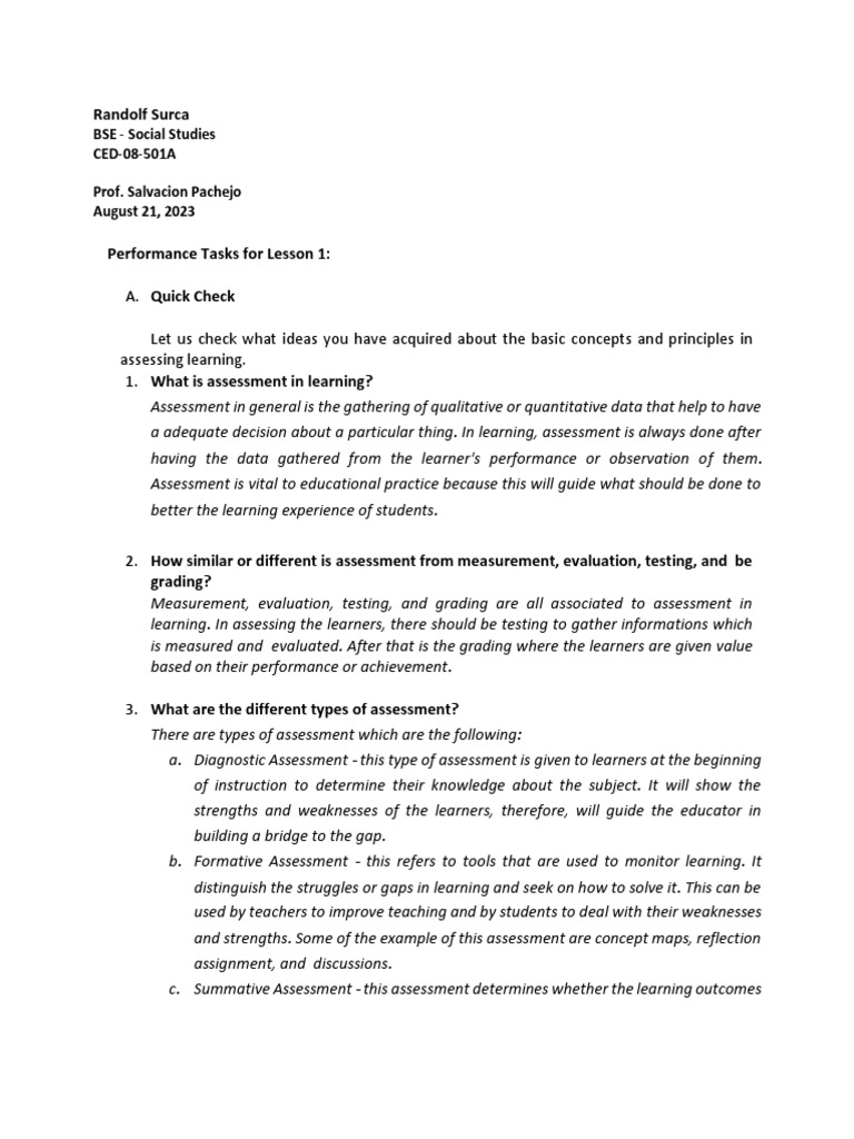 Performance Tasks in Assessment of Learning Subject | PDF | Educational ...