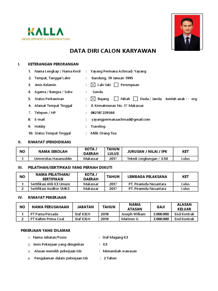 Format Data Diri Calon Karyawan Magang Hse | PDF