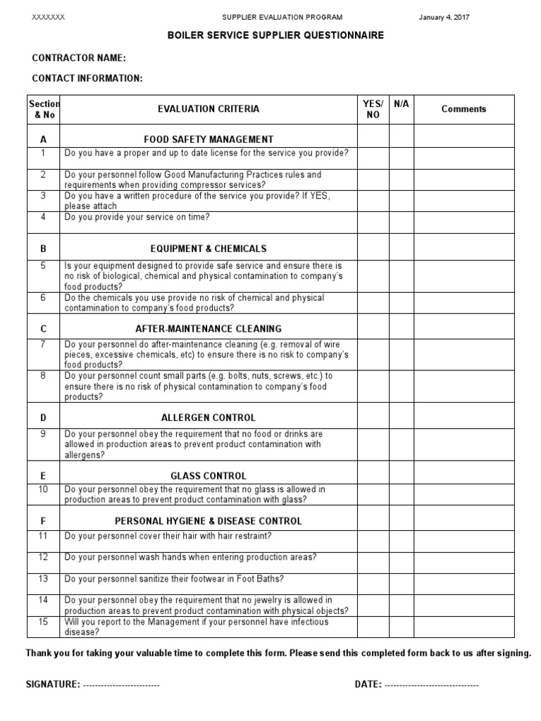Boiler Service Supplier Evaluation Form - SAMPLE | PDF | Hygiene ...