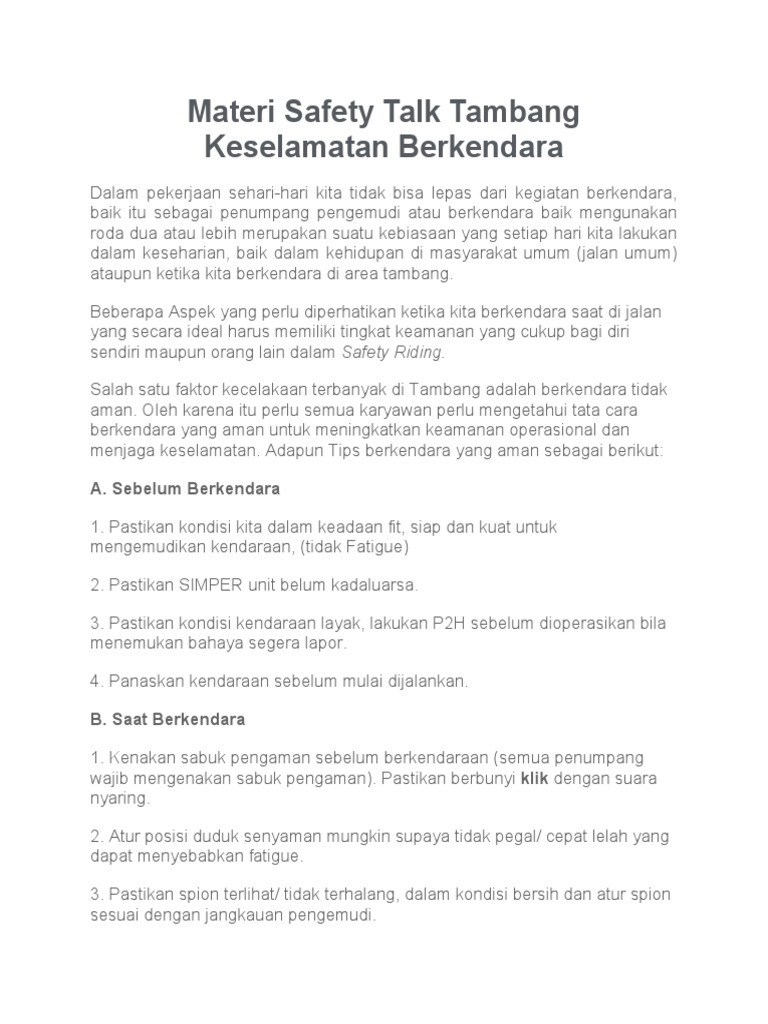 Materi Safety Talk Tambang Keselamatan Berkendara | PDF