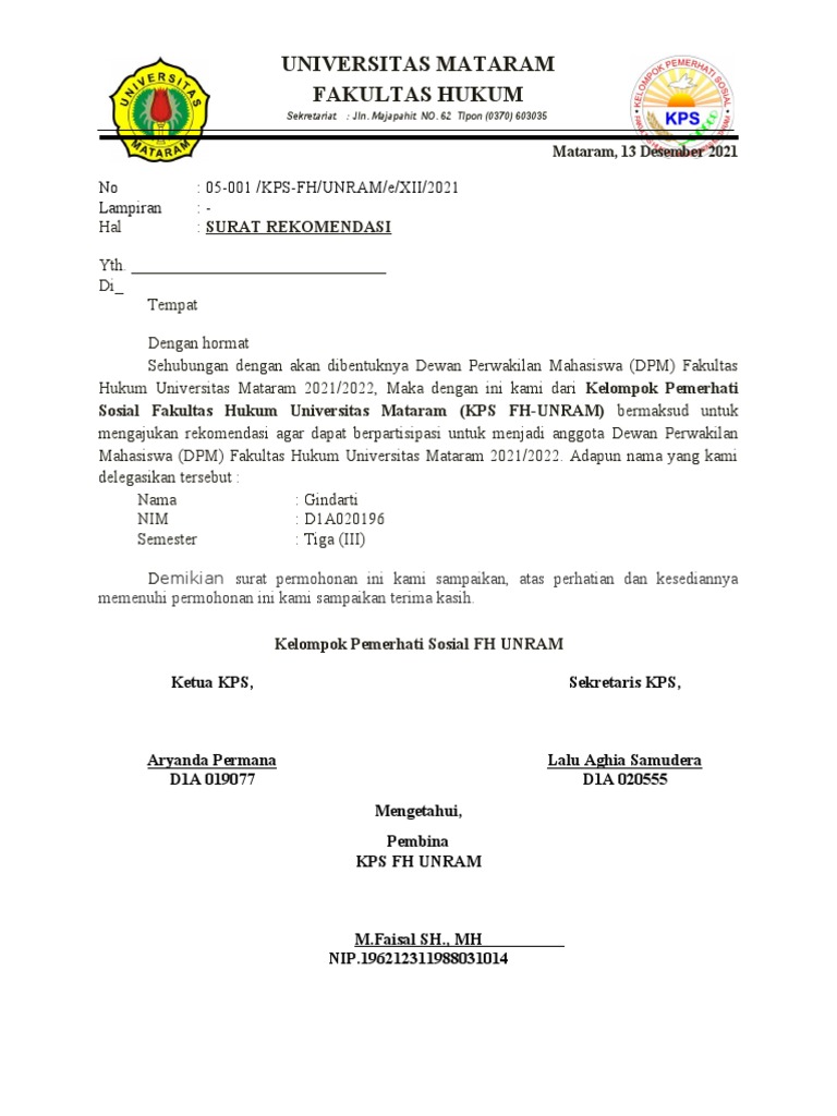 Rekomendasi DPM FH Unram 2021/2022 | PDF