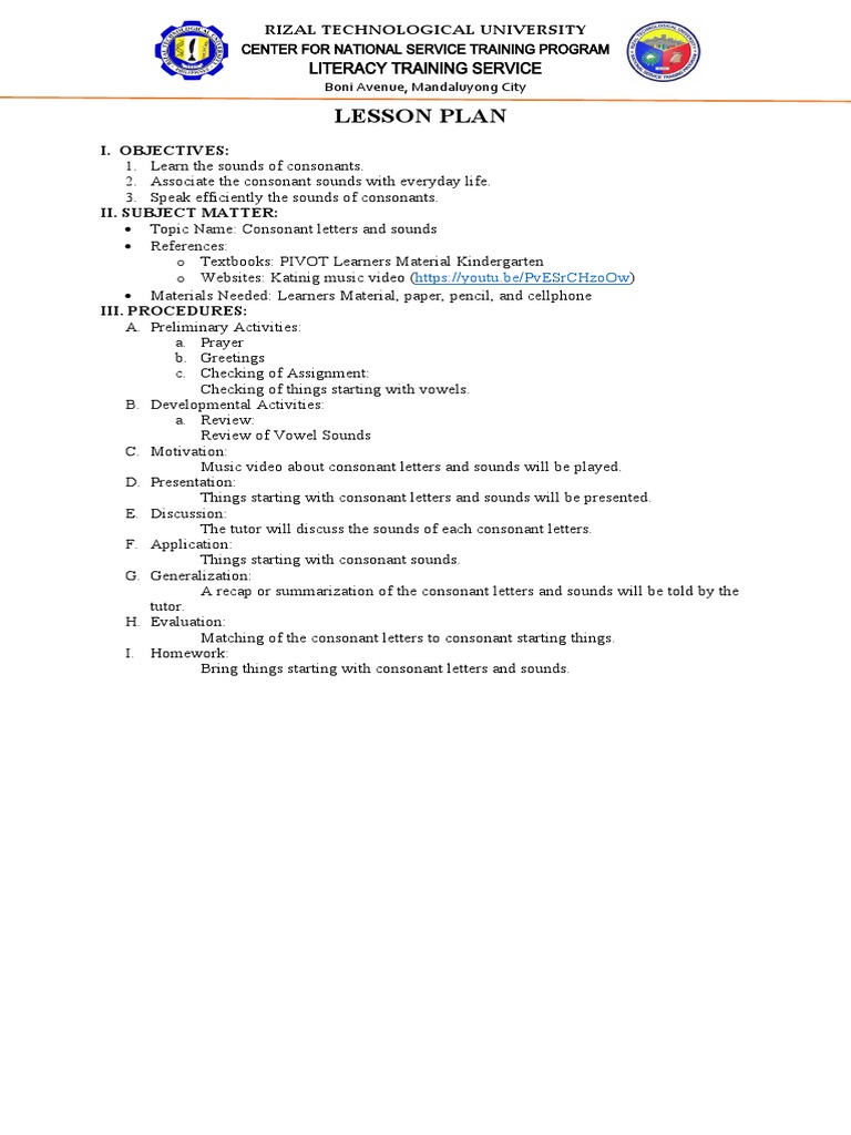 Consonant Sounds Lesson Plan | PDF | Language Arts & Discipline