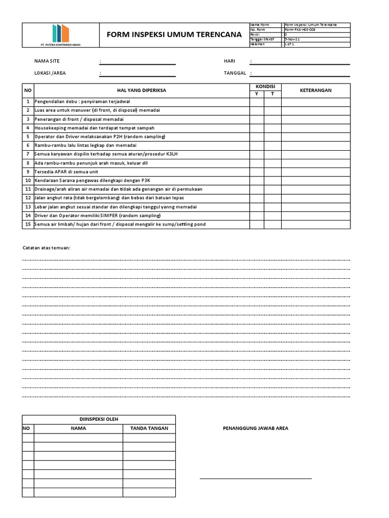 Form Inspeksi Umum Terencana | PDF