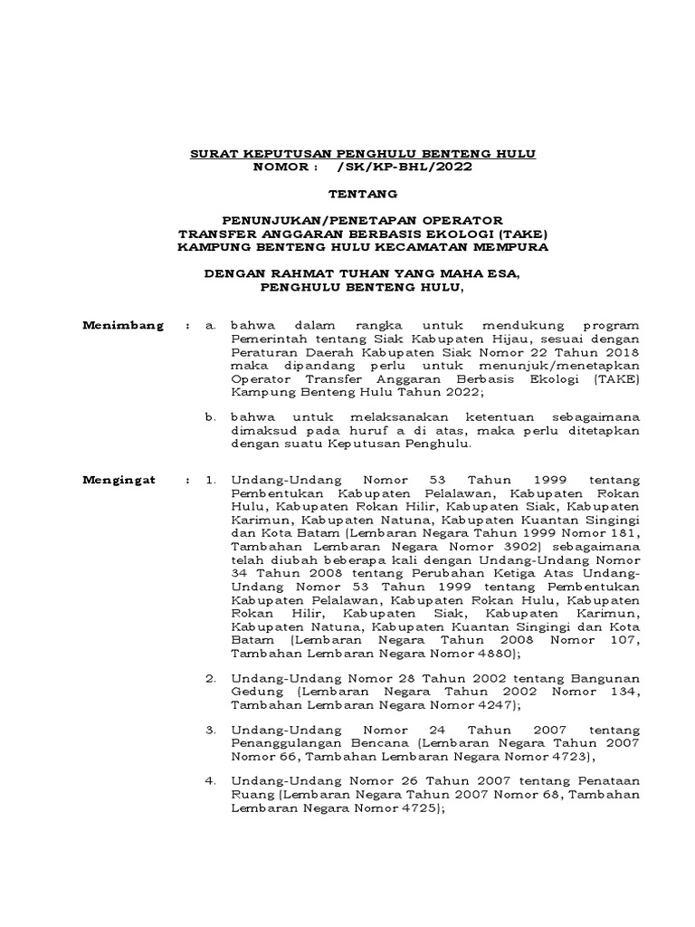 Penetapan Operator TAKE Benteng Hulu | PDF
