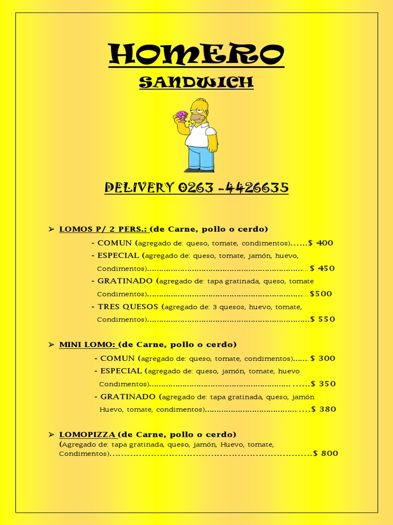 HOMERO SANDWICHS Carta PDF | PDF | Pizza | Queso