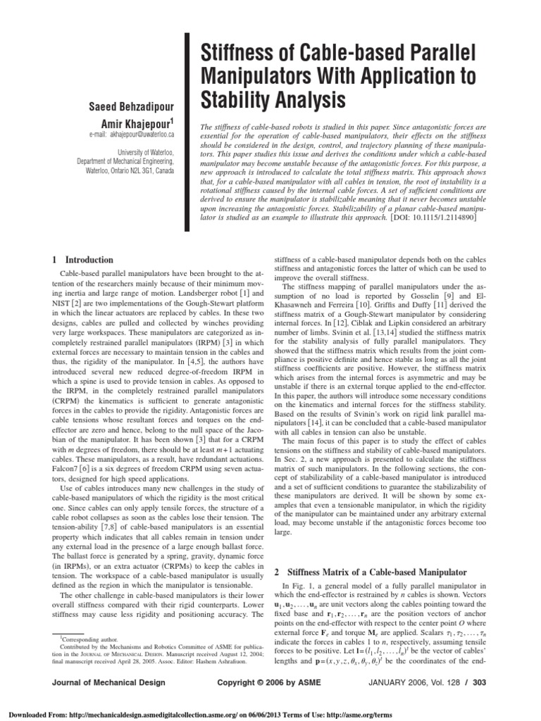 Stiffness of Cable-Based Parallel Manipulators With Application To Stability Analysis | PDF ...