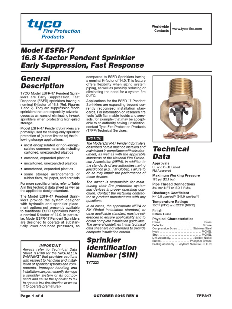 Model ESFR-17 16.8 K-Factor Pendent Sprinkler Early Suppression, Fast ...