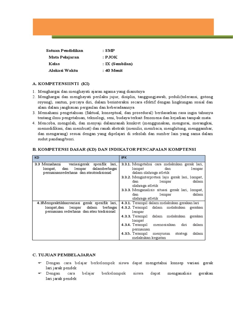 RPP Lari Jarak Pendek SMP Kurtilas | PDF