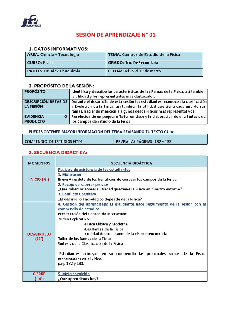 Sec 1° - Sa01 - Fisica-14310522440 | PDF | Física | Aprendizaje