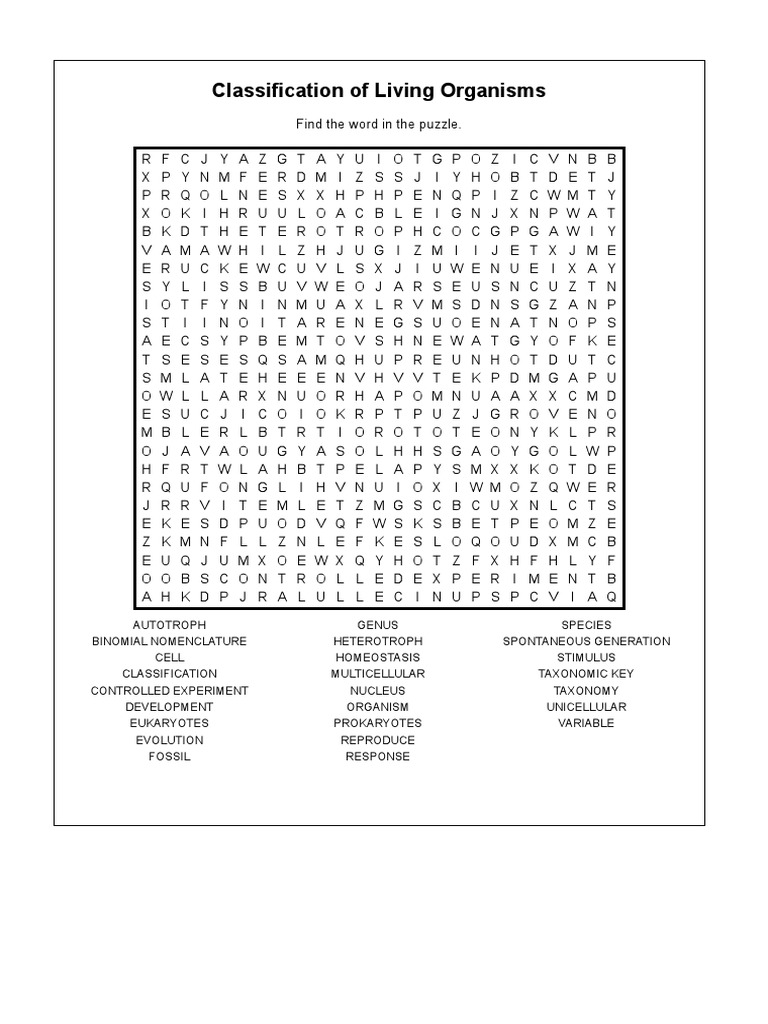 Classification OF Living Organisms Word Search Puzzle | PDF | Taxonomy ...