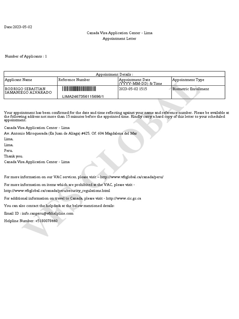 Canada Visa Appointment Confirmation - Lima | PDF