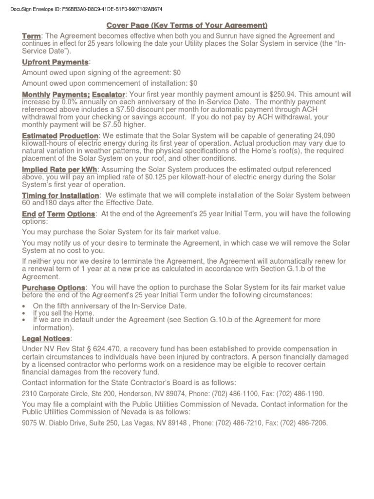 SunRun Agreement Custom | PDF | Solar Power | Cheque