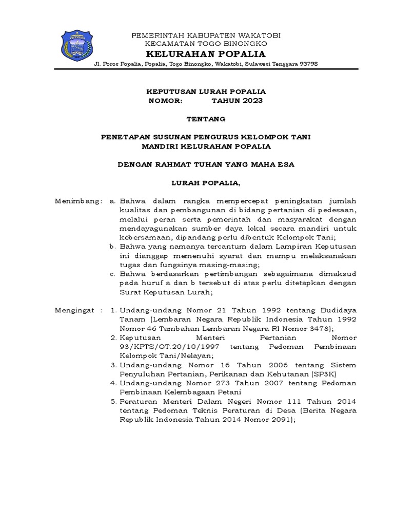 SK Lurah Popalia KLMPK Tani Mandiri | PDF