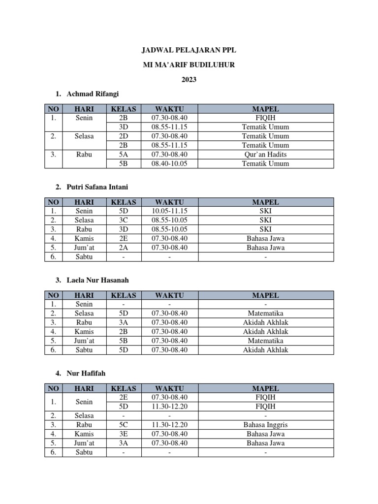 Jadwal Pelajaran PPL 2023 | PDF