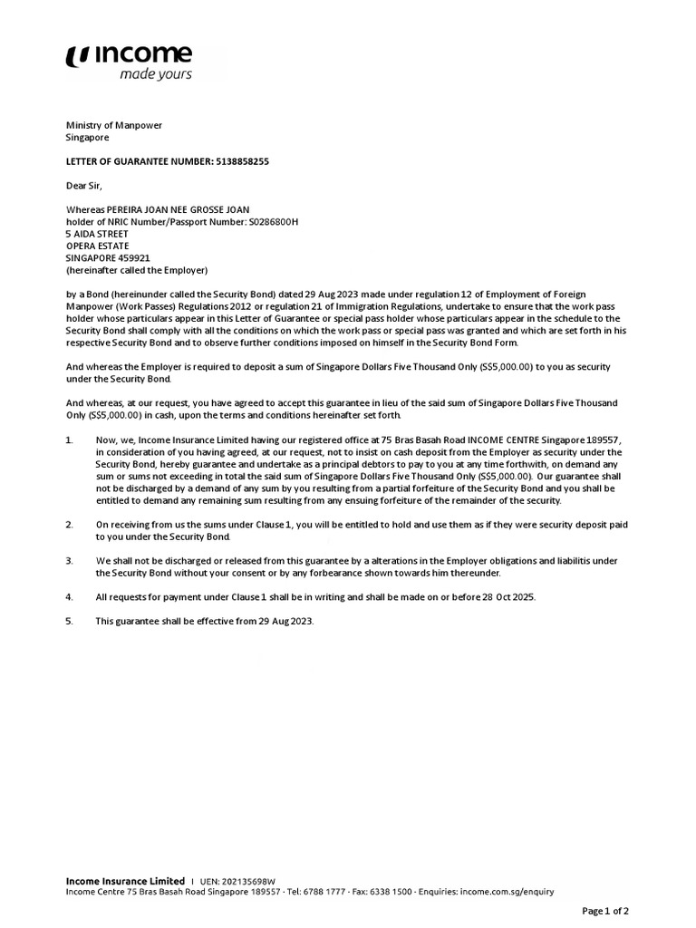 Security Bond Guarantee Letter Singapore | PDF | Guarantee | Bonds ...