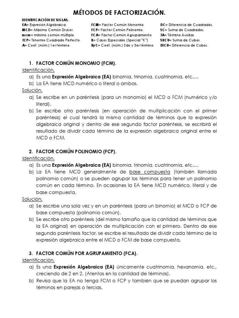 TIPOS DE FACTORIZACION ID Y SOL. 9 Métodos | PDF | Factorización | Conceptos matemáticos