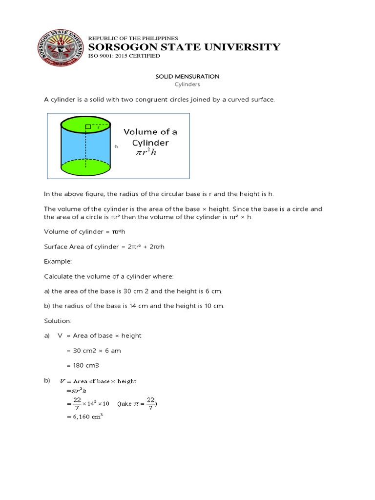Cylinders Solid Mensuration | PDF | Area | Volume
