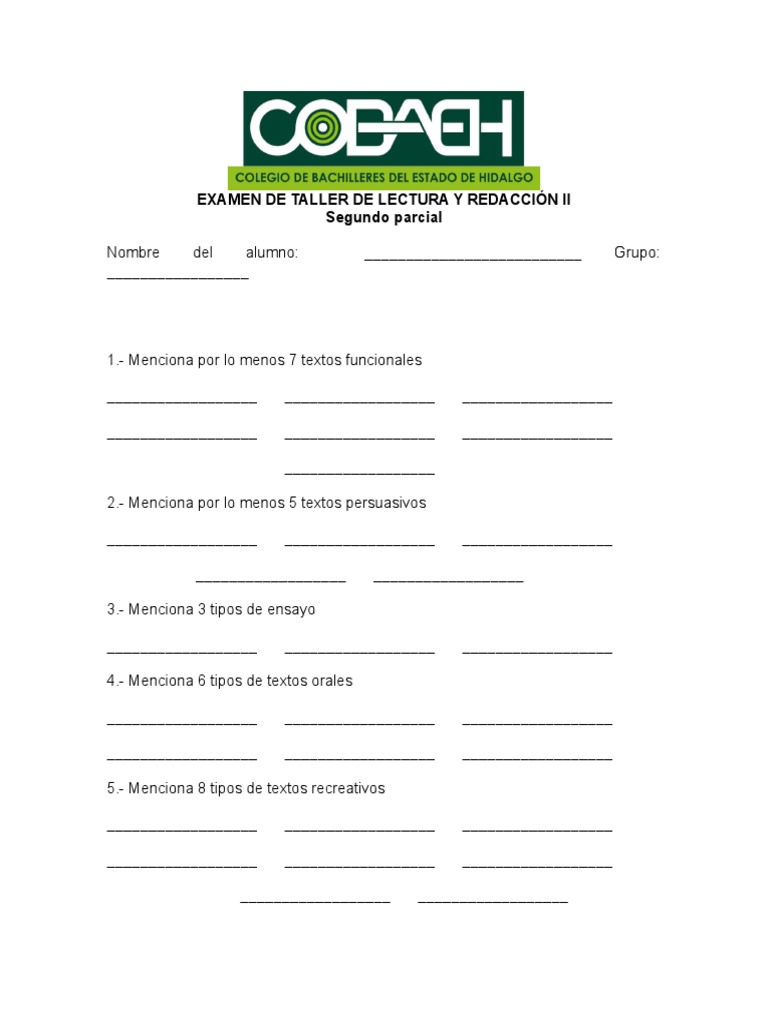 Examen de Taller de Lectura y Redacción Ii | PDF Examen de Taller de Lectura y Redacción Ii | PDF