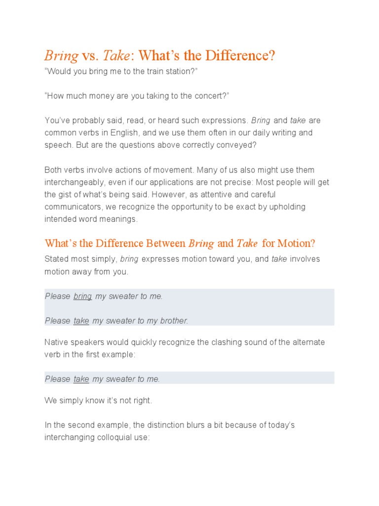 Bring VS Take | PDF | English Language | Verb