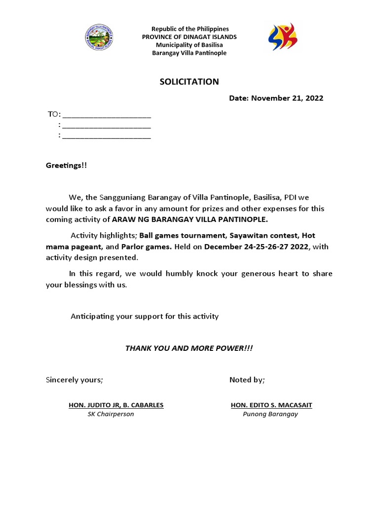 Solicitation for Araw ng Barangay Prizes | PDF | Home & Garden