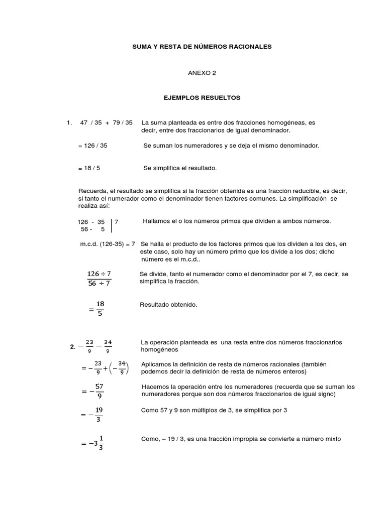 Suma y Resta de Números Racionales | PDF | Sustracción | Número racional