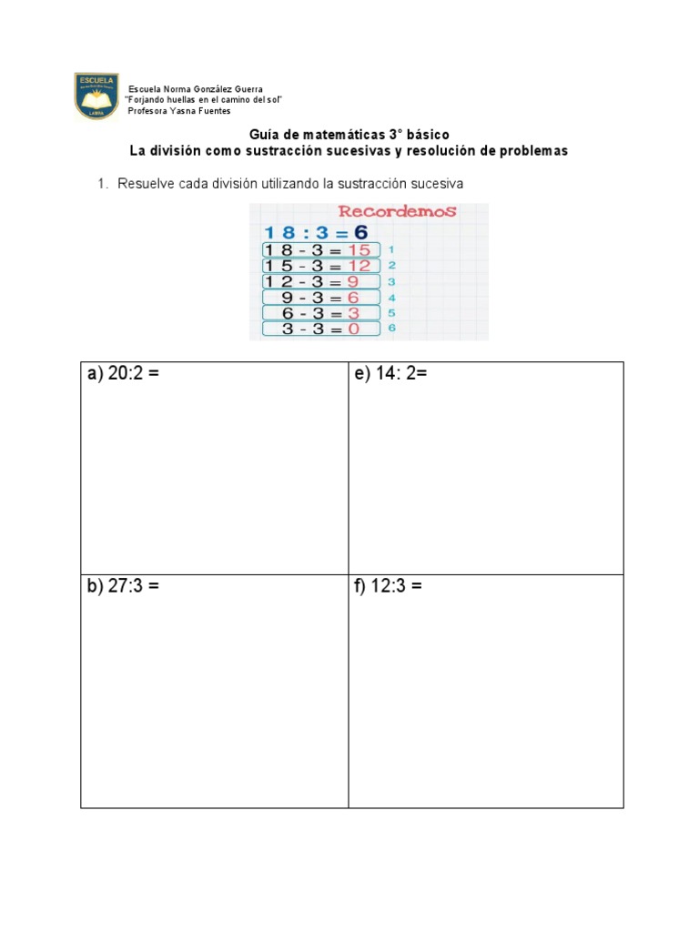 Guia Matematicas 3° Basico Resolucion Con Division | PDF