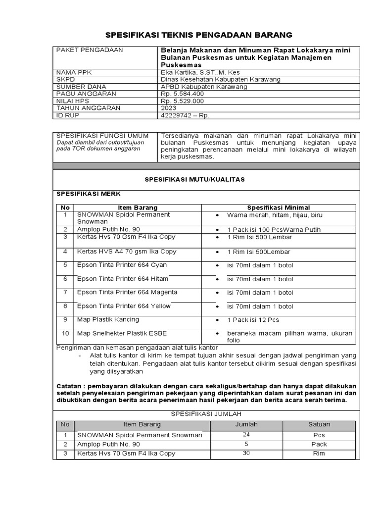 Spesifikasi Teknis Pengadaan Barang Pdf