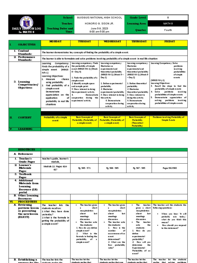 DLL - Q4 W5 Math 8 | PDF | Probability | Learning