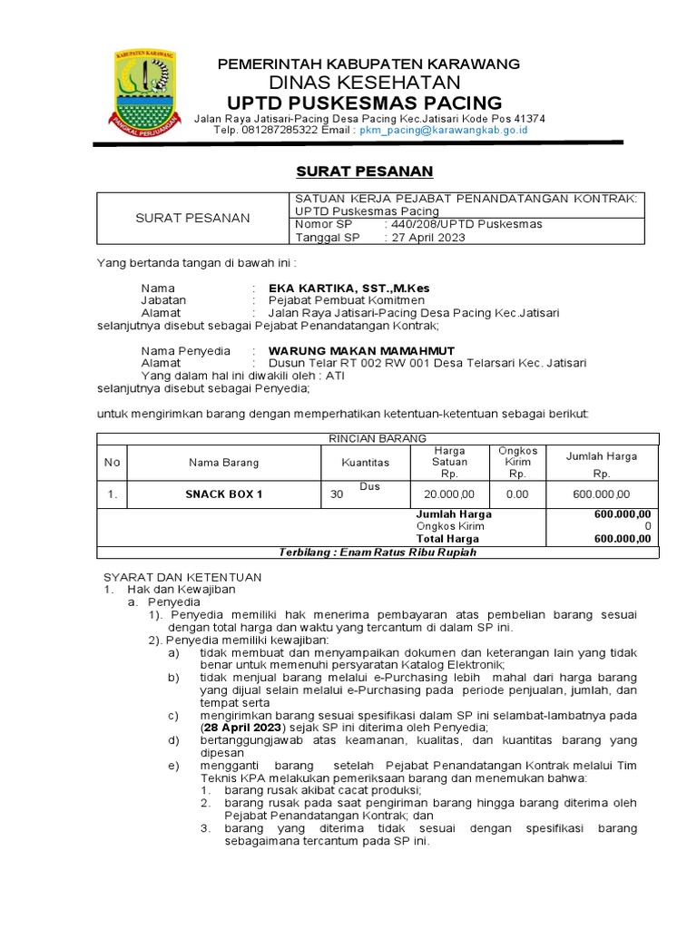 Surat Pesanan (Kontrak E-Purchasing) - Mamin MKJP Bu MAMAH | PDF
