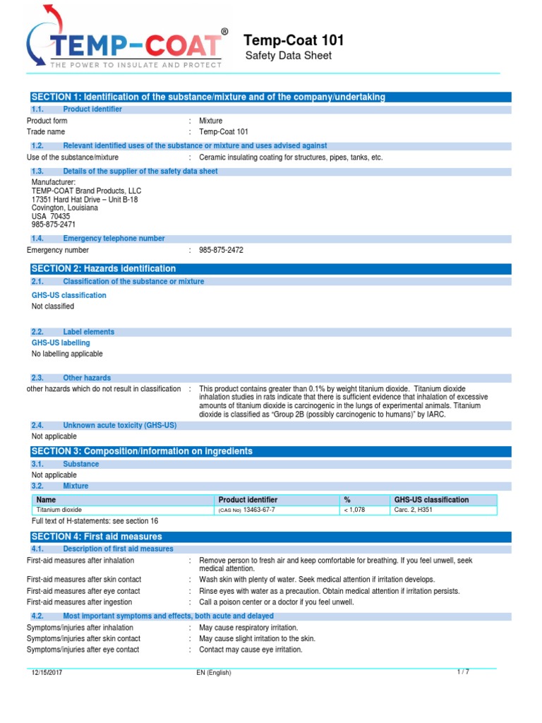 Temp-Coat 101 Safety Data Sheet | PDF | Toxicity | Waste