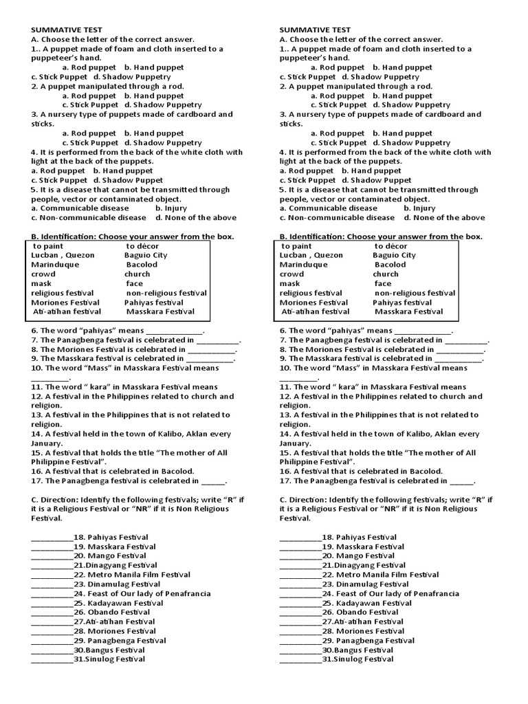 SUMMATIVE TEST 4th Qurter Mapeh | PDF | Puppetry | Puppets