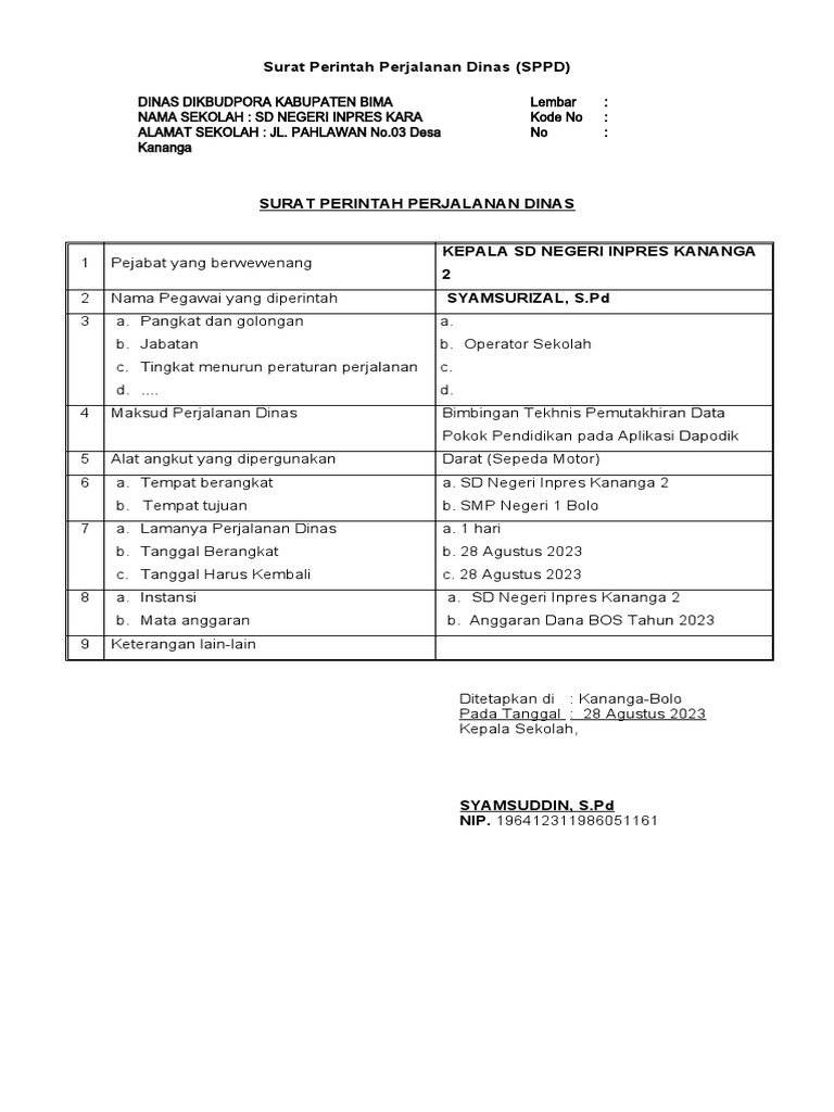 Format-SPPD-Surat-Perintah-Perjalanan-Dinas-Sekolah[1] | PDF