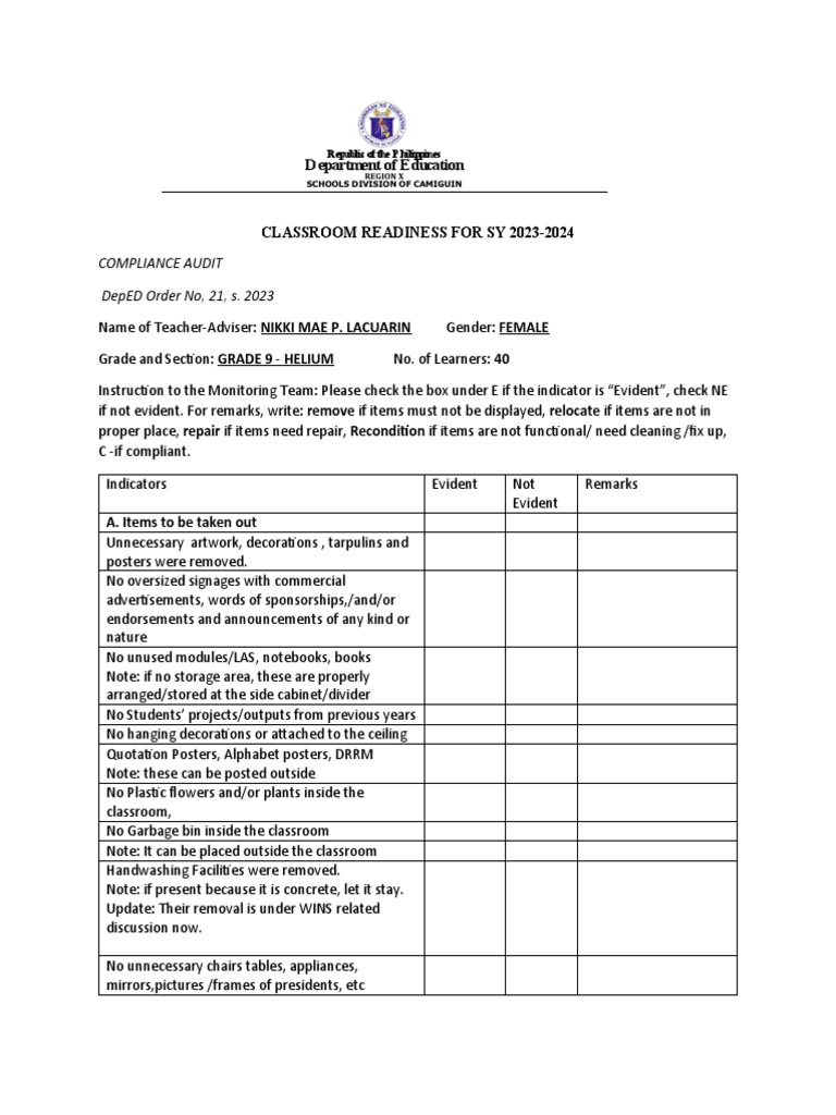 Classroom Readiness Audit SY 2023-2024 | PDF