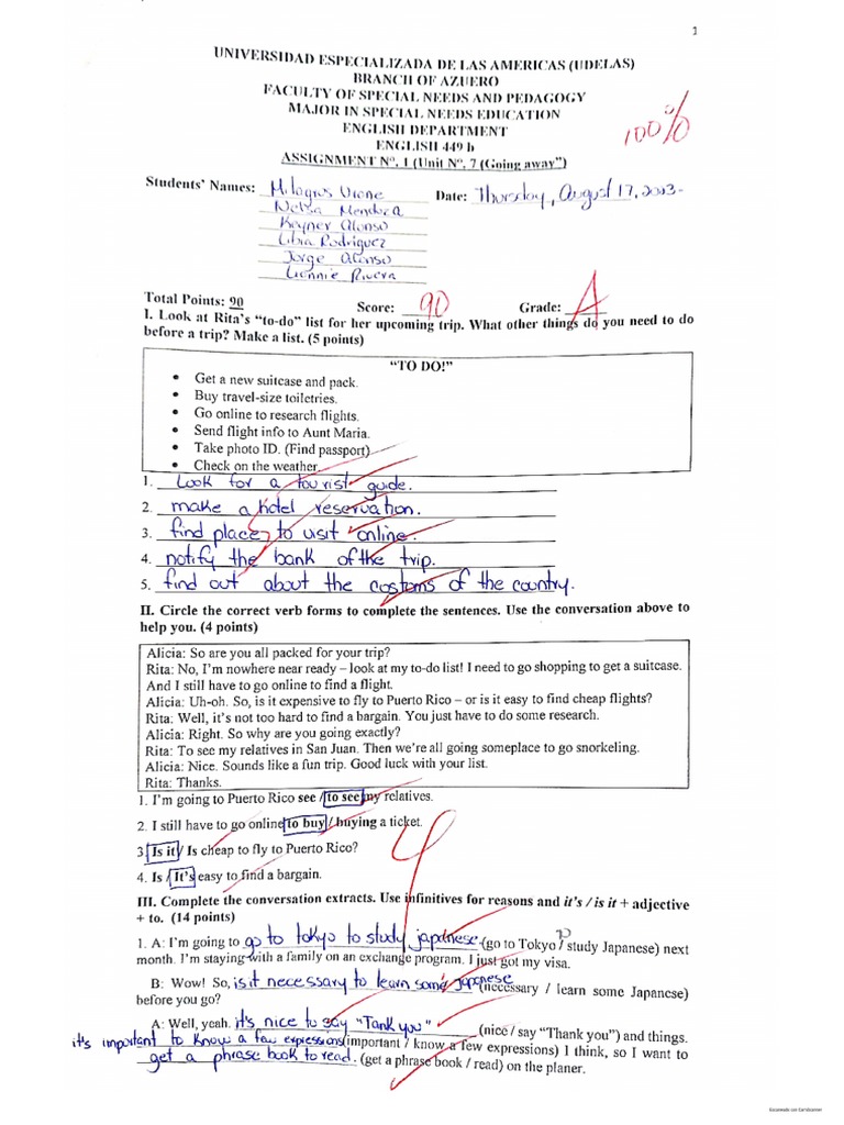 Assignment N°1 (Unit N°7 - Going Away) | PDF