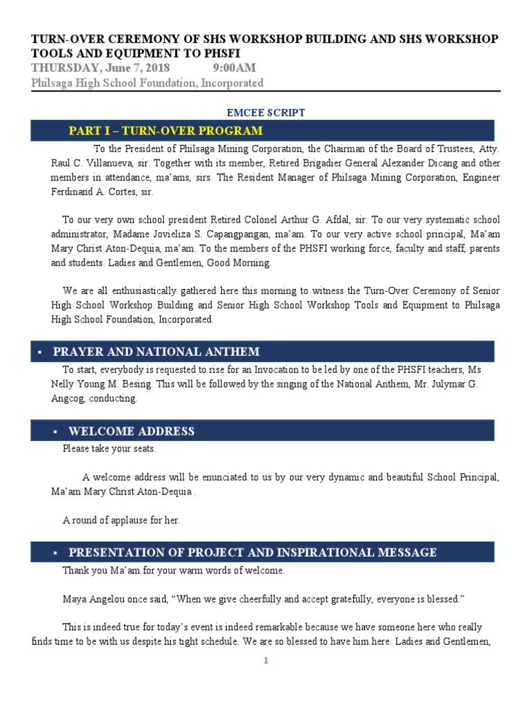 Emcee Script Turn Over Ceremony PDF Free | PDF