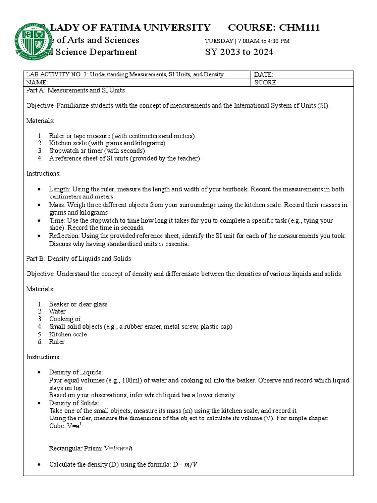 LAB ACTIVITY NO 2 Understanding Measurements SI Units and Density ES 1 ...