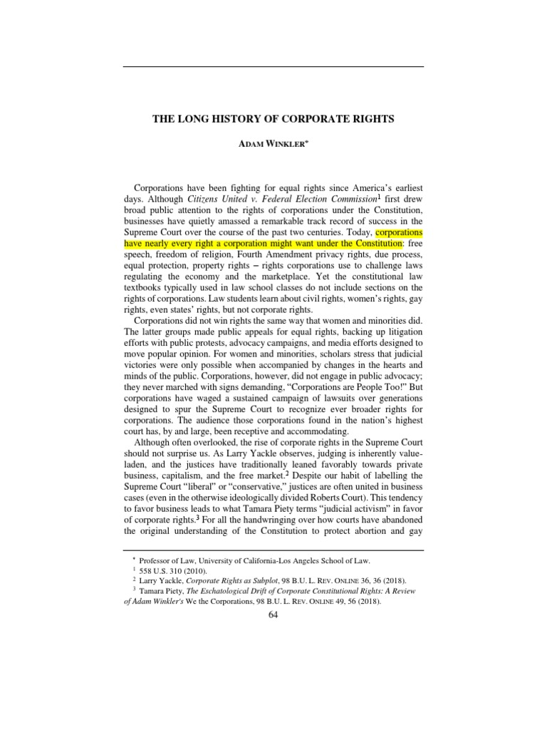 Corporate Rights History in the U.S. | PDF | Fourteenth Amendment To ...