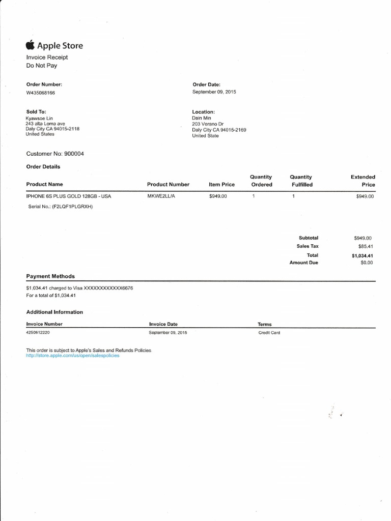 Apple iPhone 6S Plus Invoice Receipt | PDF | Invoice | Receipt
