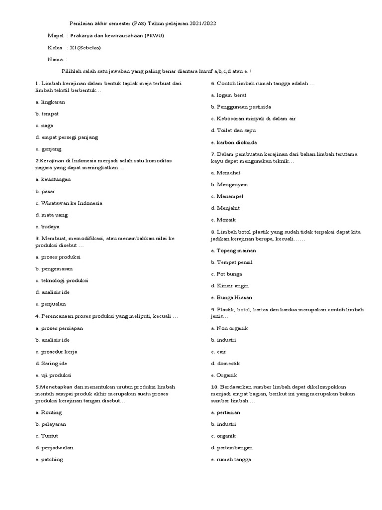 SOAL PKWU Kls XL | PDF | Seni